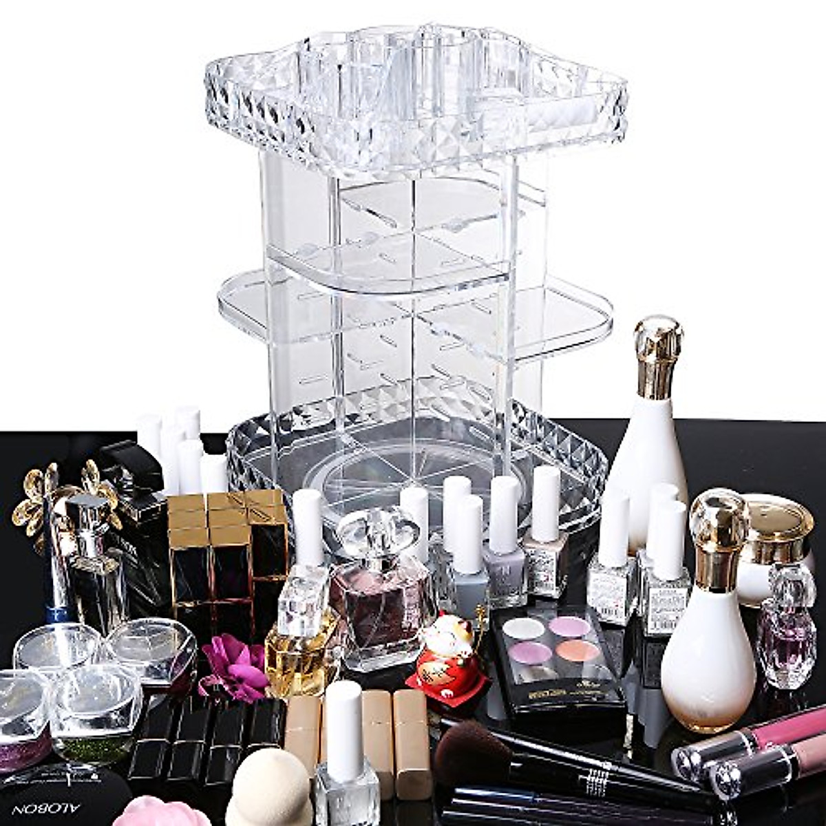 Makeup Organizer 360-Degree Rotating Cosmetic Storage Box, DIY Adjustable Large Capacity Cosmetics Display Case Square Makeup Shelf with Diamond Pattern