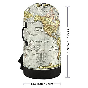xigua World Map Laundry Bag Backpack with Shoulder Straps, Portable Clothes Hamper Backpack with Drawstring Closure for College, Travel, Laundromat, Apartment