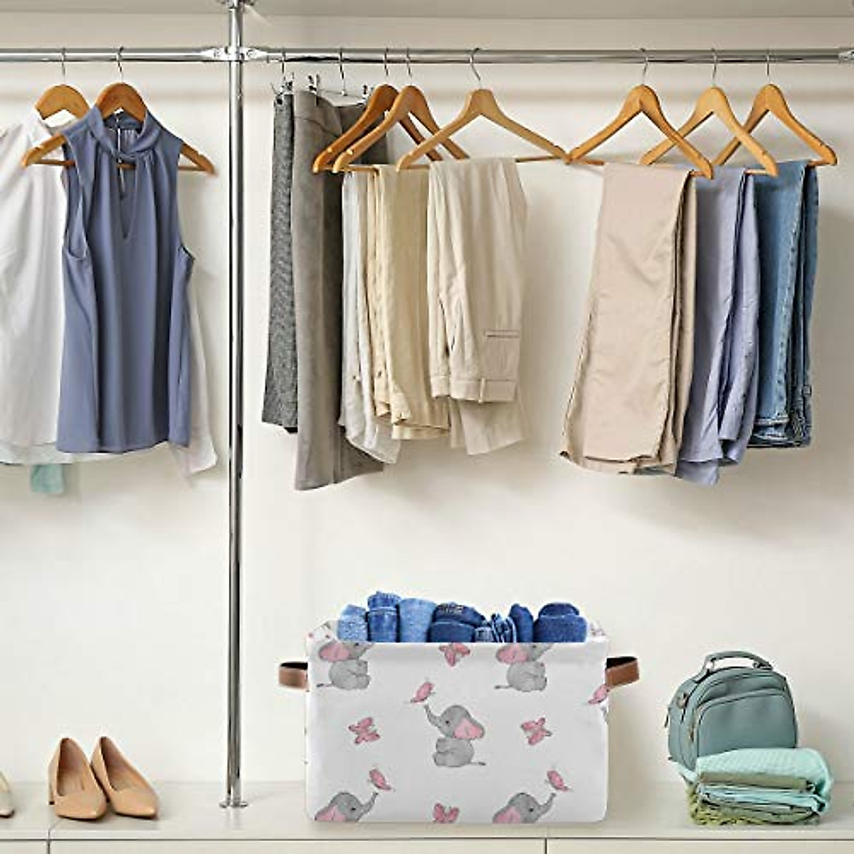 AGONA Large Foldable Storage Bin Cute Elephants Pink Butterflies Storage Bins Collapsible Decorative Fabric Storage Baskets with Leather Handles for Home Closet Bedroom Organizer Nursery 1 Pack