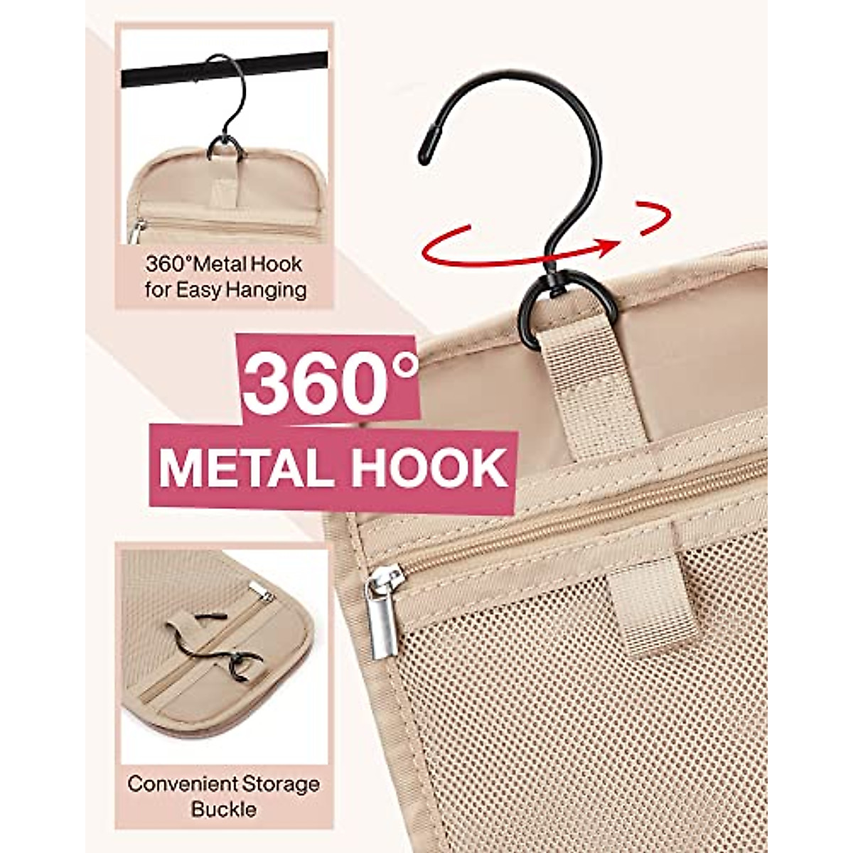 BAGSMART Travel Toiletry Bag for Women, Hanging Toiletry Bag with Hook, Travel Cosmetic Makeup Bag Travel Organizer for Accessories, Shampoo, Full Sized Container, Toiletries,Grey-Medium