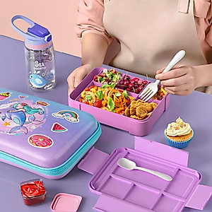 WayEee Lunch Box with Lunch Bag Bento Box Set for Girls - Insulated Lunch Bag with 4 Compartment Bento Box Water Bottle Ice Pack Silicon Cap Salad Container for Kids Back to School Ideal for Age 6-15