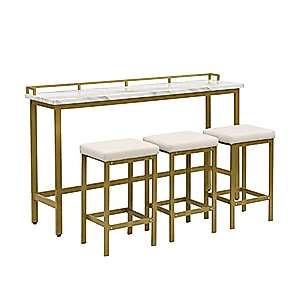 LZ LEISURE ZONE 4-Piece Counter Height Sets, Modern Extra Long Console Dining Table Set, Bar Kitchen Set with 3 PU Stools (Gold+Beige, 4 Pieces)