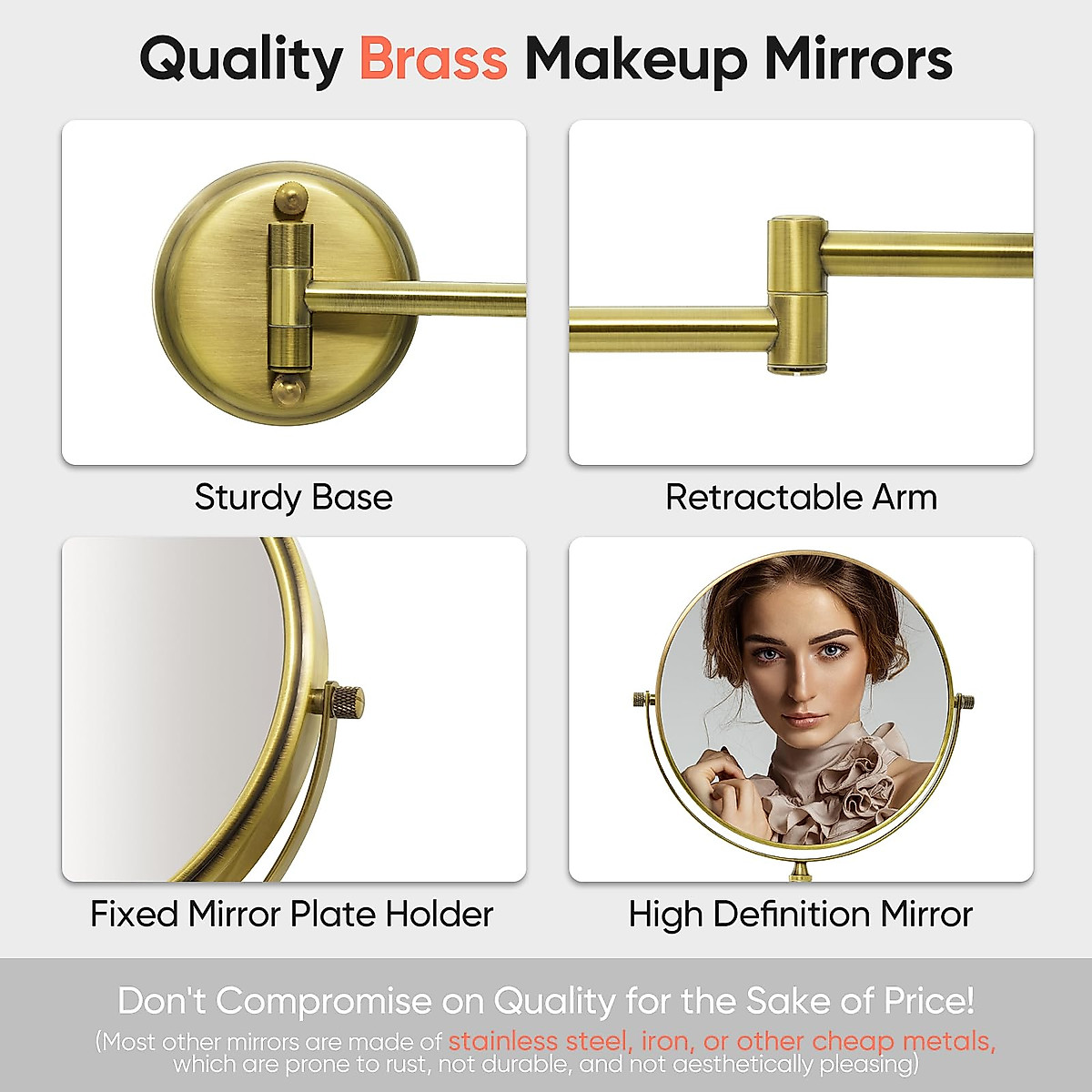 GURUN 8" Wall Mounted Makeup Mirror with 10X Magnification,Two-Sided Swivel Bathroom Mirror,Antique Satin Brass Finish M1306K(8in,10x)