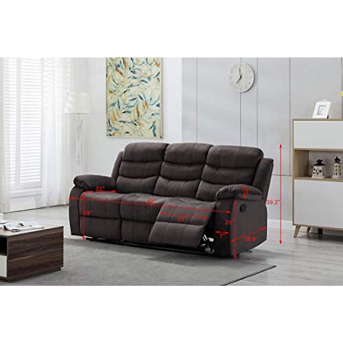 Kingway Modern Fabric Reclining 3 Seat Living Rooms Upholstered Manual Motion Couches Sofas, Brown