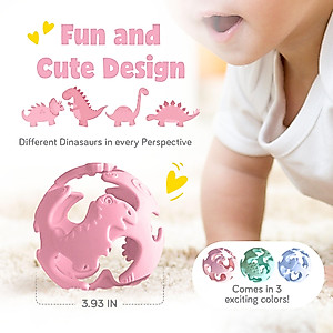 Dinosaur Baby Teething Toys, Textured Sensory Toys for Babies, Lightweight Soft Baby Sensory Toys, BPA-Free Silicone Infant Teething Toys, 0-18 Months, Teething Baby, Easy to Clean - Peach Pink