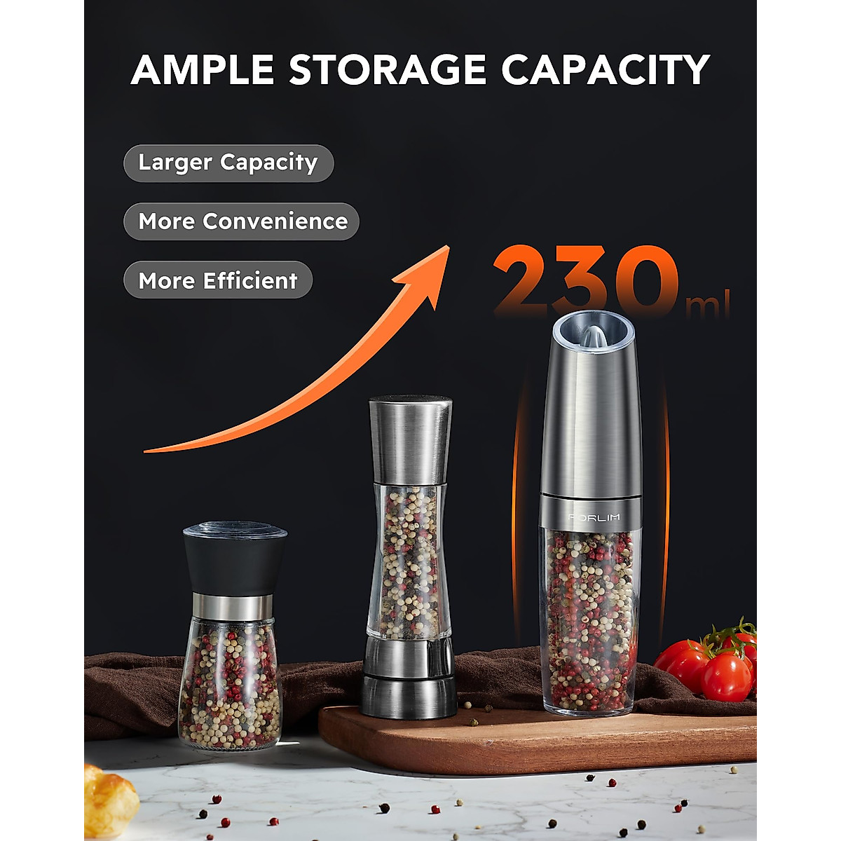 FORLIM Electric Salt and Pepper Grinder Set, Upgraded 9 Oz Large Capacity, Battery Operated Automatic Pepper Grinder Set, Easy to Fill, One Hand Operation, Stainless Steel(Silver)