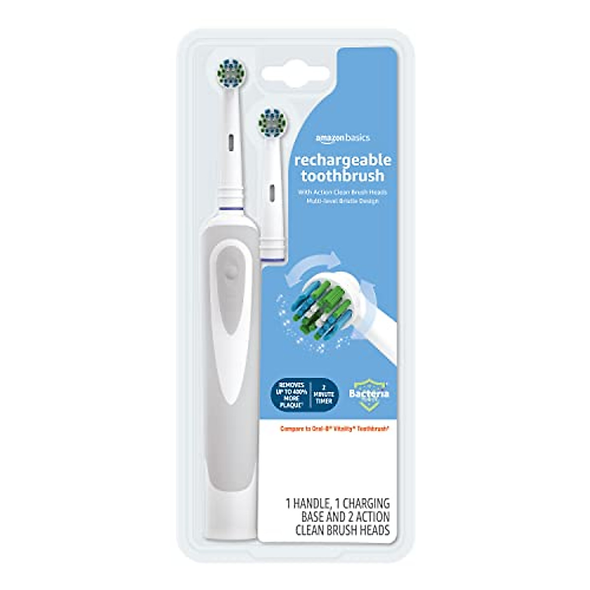 Amazon Basics Rechargeable Electric Toothbrush with 1 handle, 2 Action Clean Brush Heads and 1 Charger, Battery Powered, 4 Piece Set, White