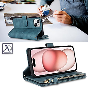 Jaorty Crossbody Phone Case for iPhone 15 with Strap,Shoulder Lanyard,for iPhone 15 Wallet Case for Women with Card Holder,Zipper Pocket Magnetic Flip Leather Protective Case,6.1" Blue