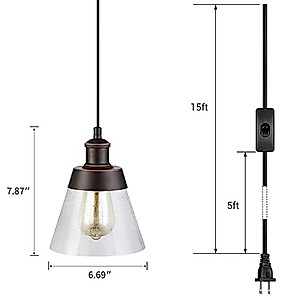 Fivess Lighting Rustic Glass Plug in Pendant Light with 15ft Cord, On/Off Switch, Handblown Clear Seeded Mini Hanging Fixture for Kitchen Island Sink Bar Farmhouse, Oil Rubbed Bronze (FSS3203-1P)