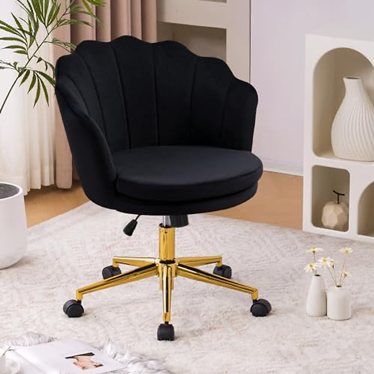 Furniliving Home Office Chair Velvet Desk Chair, Upholstered Modern 360°Swivel Chair with Shell-Shaped Back, Rolling Wheels for Office, Study, Vanity, Bedroom(Black)
