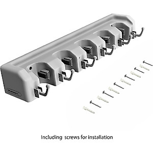 Stalwart Garden Tool Organizer Wall Mount Broom and Mop Holder, 5 Adjustable Slots and 6 Hooks Utility Rack for Garage or Home Organization