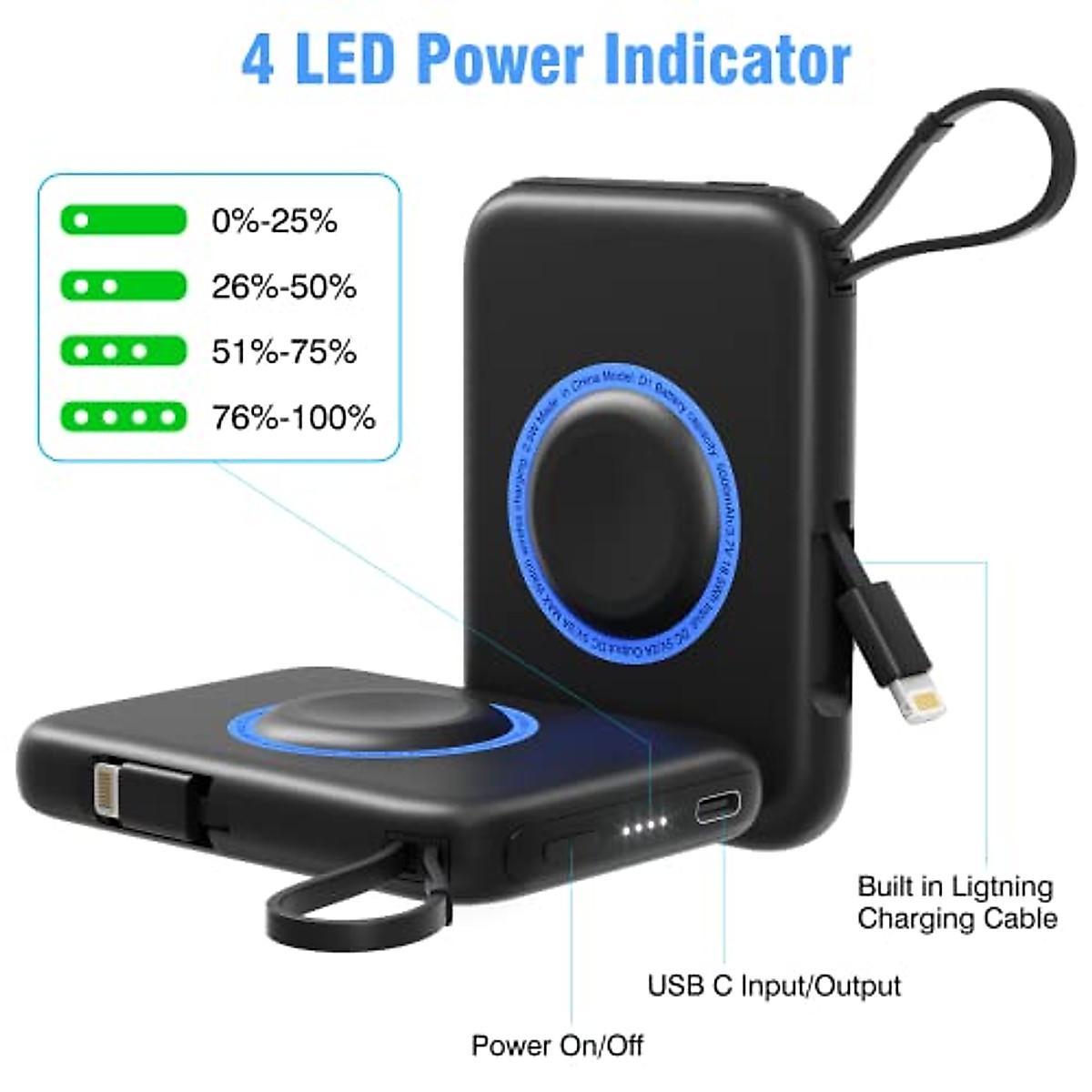 Portable Wireless Charger for Apple Watch, 5000mAh Magnetic iWatch Charger Power Bank with Built in Cable, Travel Battery Pack for Apple Watch Series 8/Ultra/7/6/5/4/3/2/SE/Nike& iPhone 14/13/12/11