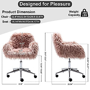 Pink Desk Chair Faux Fur Pink Office Chair Height Adjustable - Modern Cute Desk Chair Computer Chair Vanity Chair for Makeup Room, Fluffy Desk Chair with Wheels, Swivel Accent Chair for Bedroom Living