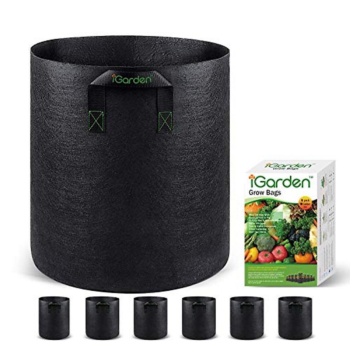 iGarden Grow Bags Tall, 10 Gallon Grow Pots 6 Pack with Handles, Heavy Duty 320G Thickened Nonwoven Fabric Plant Bag for Vegetables