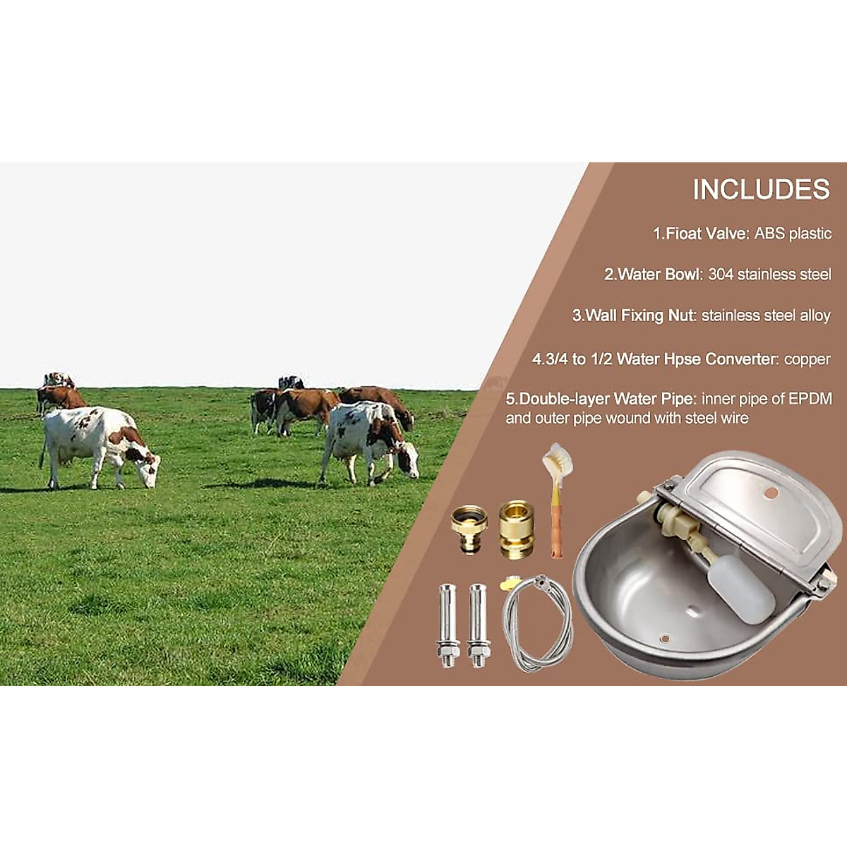 Automatic Water Bowl,Pet Water Dispenser with Float Valve,Stainless Steel Bucket no Splash Dog Drinking Dish, Water Trough with Discrete 3/4 to 1/2" Adapter (with Drainage Hole)