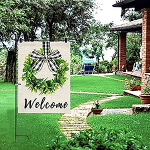 XIFAN Welcome Garden Flag with Holder Stand Set, Heavyweight Burlap Boxwood Wreath Flag Double Sided Small 12.5 x 18 Inch & Black Garden Flag Holder, Spring Yard Farmhouse Outdoor Decoration