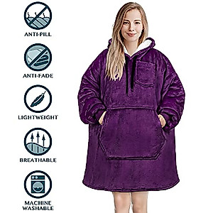 PAVILIA Wearable Blanket Sweatshirt for Women Men, Purple, Warm Cozy Giant Blanket Hoodie, Fleece Sherpa Oversized Blanket Sweatshirt with Sleeves, Big Pocket