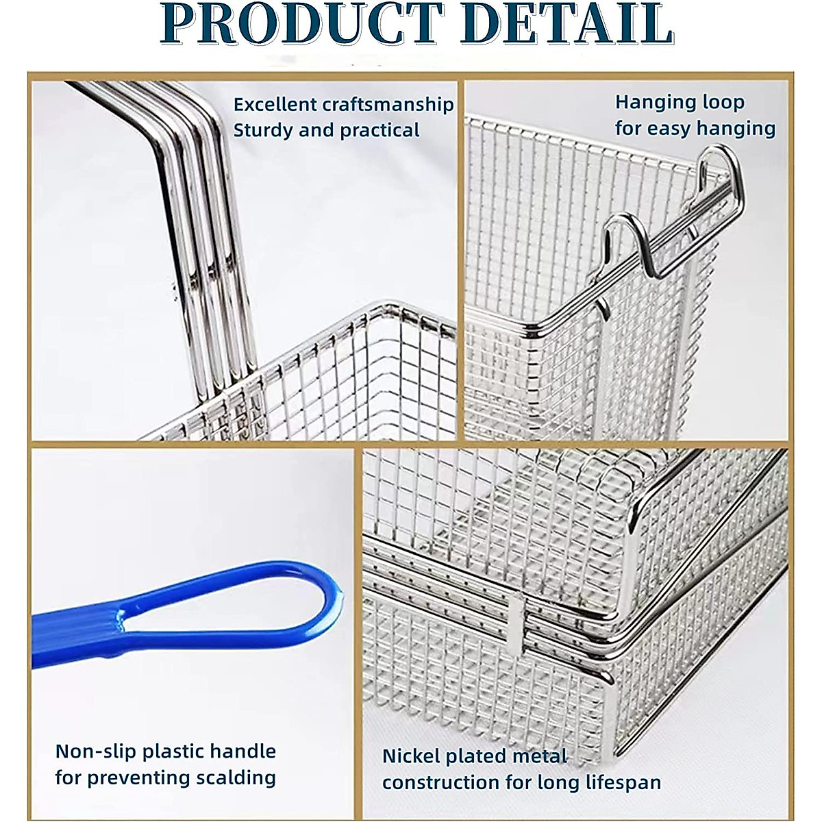 2PCS Deep Fryer Basket Commercial Use, Non-Slip Handle Heavy Duty Nickel Plated Iron Construction Chip Basket, 13 1/4" x 6 1/2" x 6, Restaurant Kitchen Frying Chips Fish Sausages.