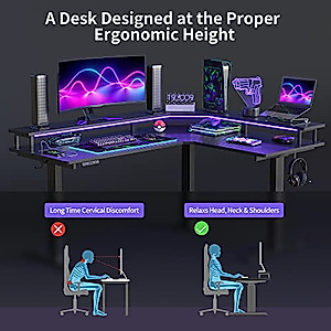FEZIBO 63" Triple Motor L Shaped Standing Desk with LED Strip & Power Outlets, Height Adjustable Stand up Corner Gaming Desk with Ergonomic Monitor Stand, Black Carbon Fiber Top/Black Frame