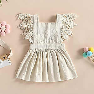 Mubineo Toddler Baby Girl Summer Linen Dress Newborn Lace Princess Overall Dress Sundress (Beige, 18-24 Months)