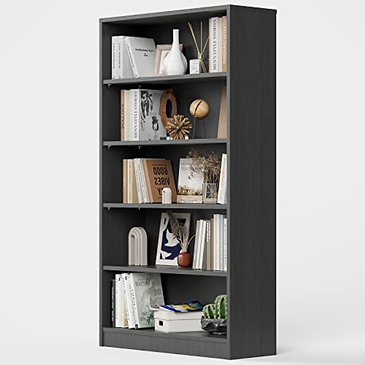 STARY 5 Shelf Bookcase Carbon Black Tall Bookshelf for Bedroom 5 Tier Modern Wood Bookshelf 33" Wide 60" Tall
