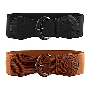 VOCHIC 2pcs Stretch Wide Belt for Women Elastic Thick Waist Belt for Dress PU Leather Elastic Wide Belt, Brown Black