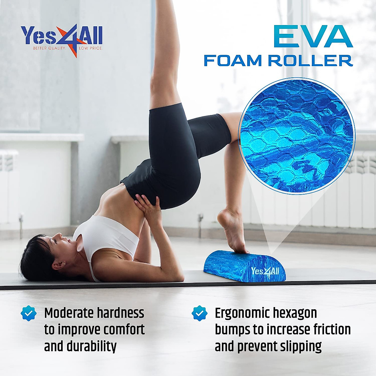 Yes4All Half Round EVA Foam Roller for Physical Therapy, Medium Density 12/18/24/36 inch Foam Rollers for Muscle Massage - Blue - 12 inch