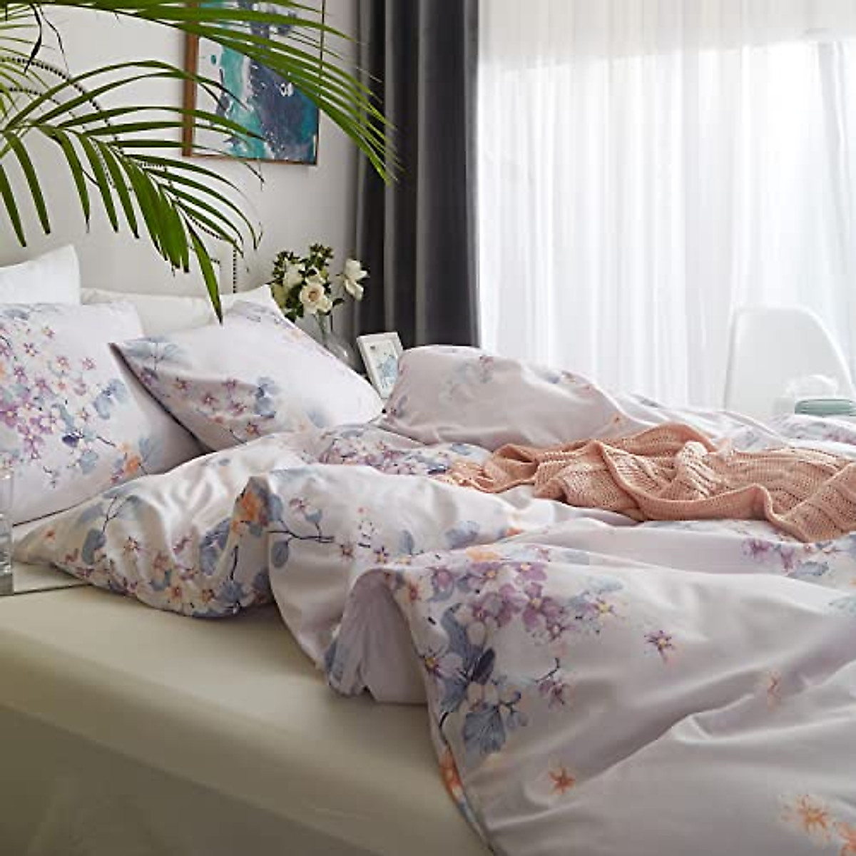 LOYOLADY Lilac Duvet Cover Set Queen Size, 3 Pieces Lightweight Soft Microfiber Bedding Comforter Cover for All Seasons (Queen, 90x90 Inches, Purple and Yellow Flower)