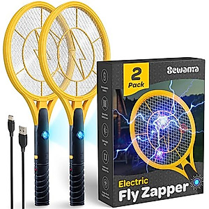 Electric 4000 Volt Fly Swatter [Set of 2] Handheld Bug Zapper Racket for Indoor/Outdoor - Instant Bug & Mosquito Killer with Attractant LED Light - USB Rechargeable Portable Fly Zapper.