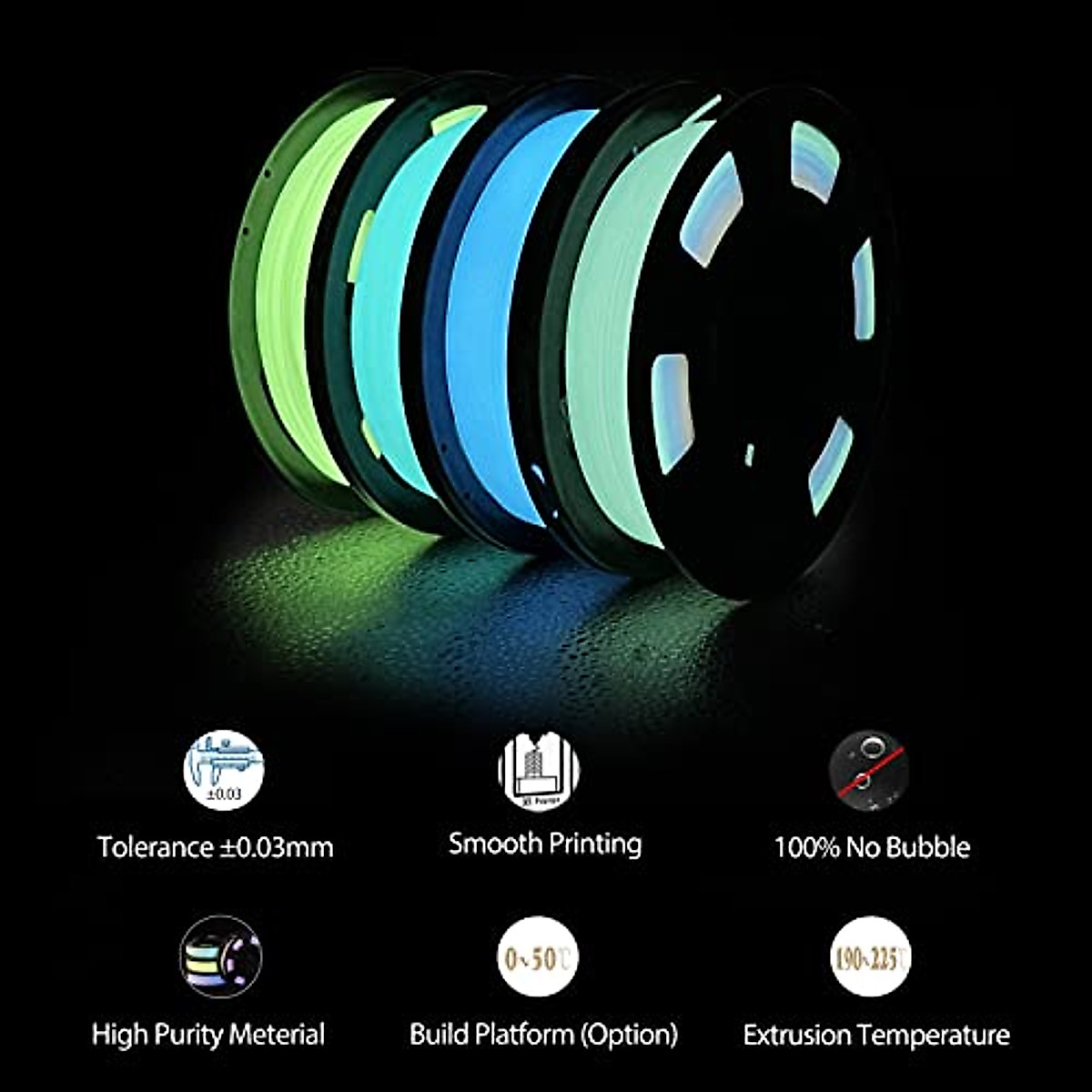 3D Printer Filament Bundle, Glow in The Dark Filament Multicolor, Green, Blue and Blue-Green, PLA Filament 1.75 mm, Dimensional Accuracy +/- 0.03 mm, 250g X 4 Pack