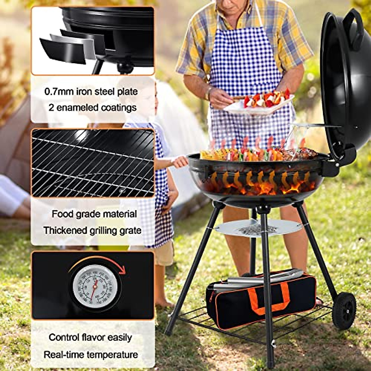 22-inch Charcoal Kettle Grill Set of 12, HaSteeL 2 Layer Grilling Racks Outdoor BBQ Grill, Heavy Duty Large Enameled Grills with Grilling Accessories for Camping Backyard Picnic, Barbecue Spatula