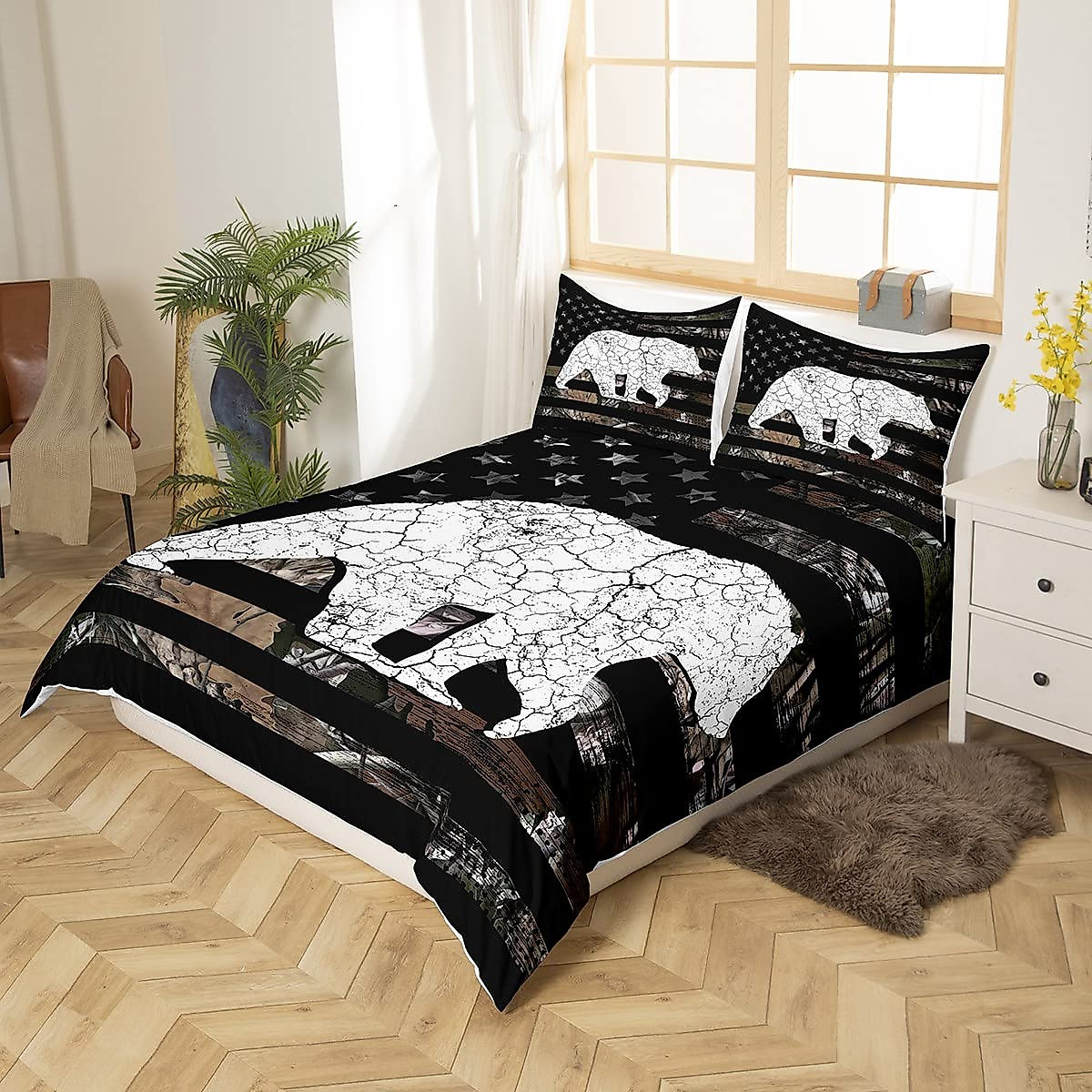 Manfei Wild Bear Bedding Set Twin Size for Bedroom Decorative,Wildlife Animal Camo Rustic Style Duvet Cover,Black Stripes Branch American Flag Bedding Quilt Cover with 1 Pillow Cases(No Comforter)