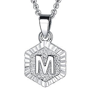 FOCALOOK Letter Pendant Charm Hexagon Capital Initial Letter M Pendant Necklace for Men Women 20 Inch Adjustable Link Chain(M-Platinum)