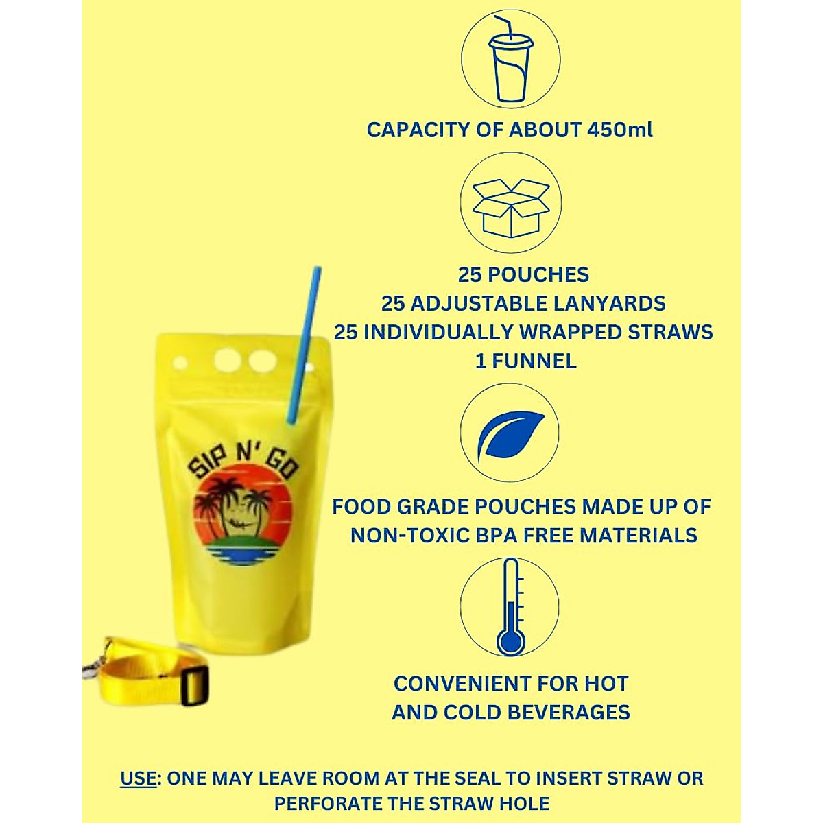 25 PCS Wearable Drink Pouches with Straw, Drink Pouches with Lanyard, Reusable Pouches for Adults and Kids, Funnel Included