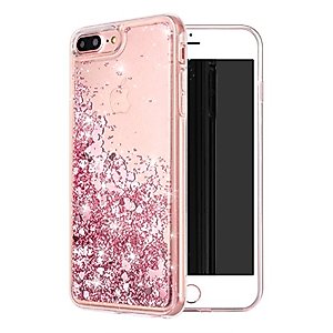 iPhone 7 Plus Case, iPhone 8 Plus Case, WORLDMOM Double Layer Design Bling Flowing Liquid Floating Sparkle Colorful Glitter Waterfall TPU Protective Phone Case for Apple iPhone 7 Plus,Rose Gold