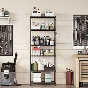 SONGMICS 6-Tier Metal Storage Shelves, Wire Shelving Unit, Adjustable Shelves, Garage Shelving, Kitchen, Living Room Storage Rack, Shelf Liners, 8 Hooks, Total Max. Load 264 lb, Black ULGR066B01