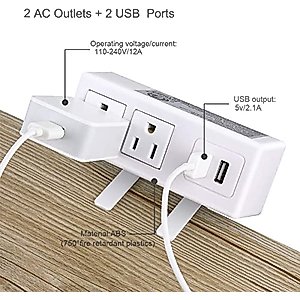Desktop Edge Power Strip, Removable Clamp Power Outlet Socket with USB Port, 6.5 ft Extension Cord Connect 2 Plugs for Home Office Reading (White)