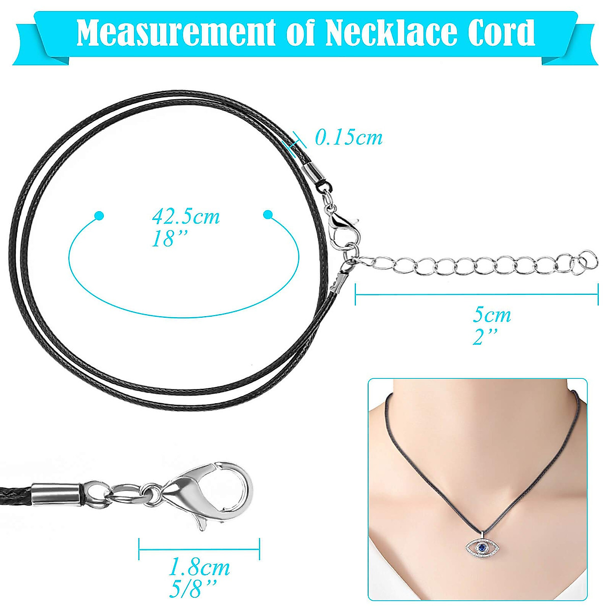 Paxcoo 150Pcs Black Necklace String Cord Bulk for Charms Pendants, Waxed Cotton Cord with Jewelry Clasps for Bracelets, Necklaces, Jewelry Making and Beading Supplies