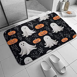 Bath Mat Pumpkins with Ghosts and Webs Design Bath Mats Halloween Holiday Foam Door Mats Bathroom Decorations Carpets Non-Slip Flannel Bath Rug Shower Floor Carpet 16x24 Inch