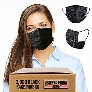 2000 Black Disposable Face Masks Bulk (40 Packs, 50pcs/Pack), Non Woven Thick 3-Layers Breathable Facial Masks with Adjustable Ear loop, Mouth and Nose Cover