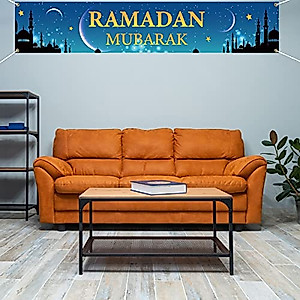 KYMY Ramadan Mubarak Porch Sign with 59 X 11.8 inch,Muslim Ramadan Banner for Eid Mubarak Party,Islamic Hanging Banner for Indoor and Outdoor Ramadan Mubarak Decorations