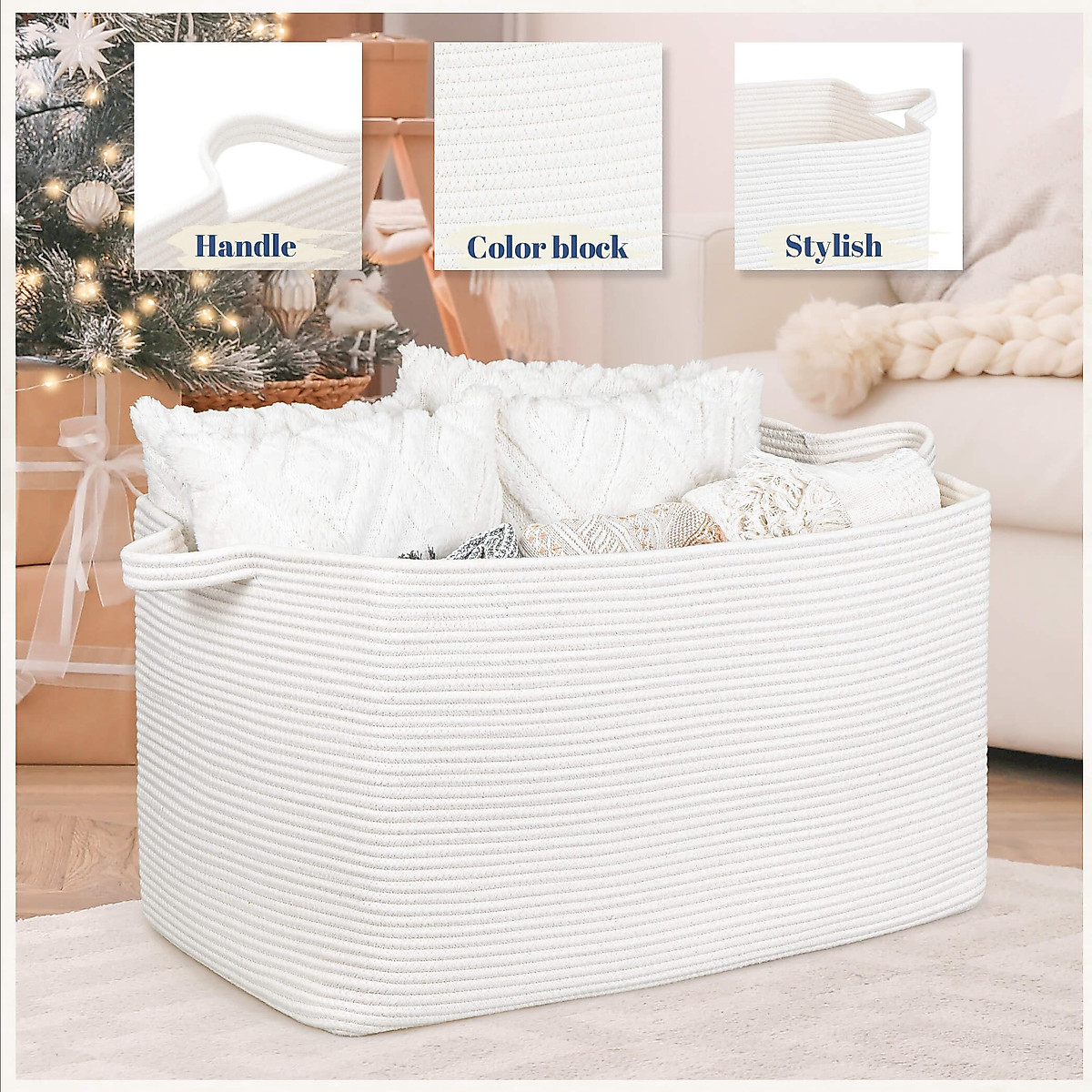 ZLG 90L Large Cotton Rope Rectangular Basket- White Woven Storage Basket - Ideal for Baby Quilt, Toy, and Clutter Sorting Basket, 24.4 "x 15" x 15 "