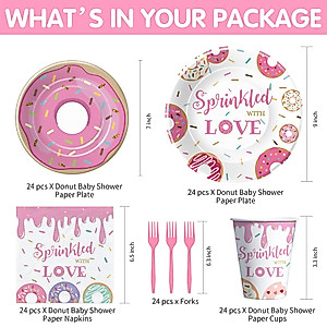 Suhelkit Donut Baby Sprinkle Decorations Tableware Girl - Sprinkled with Love Baby Shower Decorations Party Supplies, Paper Plate, Napkin, Cup, Fork, Pink Donut Baby Shower Decorations | 24 Guests