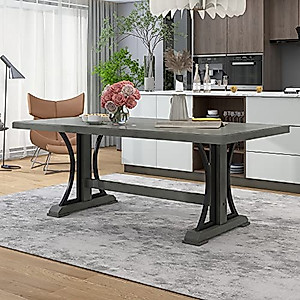 Merax Farmhouse 78" Wooden Rectangular Dining Room Fits up to 8 Easy Assemble Grey, Table Set- 1 Table, Gray