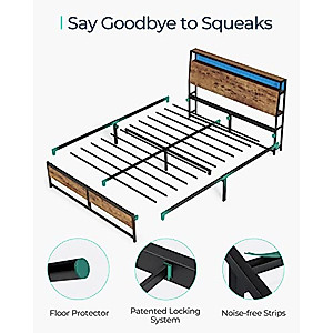 LINSY LIVING Full Size Bed Frame with Headboard, Fast Assembly Metal Industrial Bed Frame with Lights & Charging, 14 inch Full Bed Frame with Storage, No Box Spring Needed, Rustic Brown