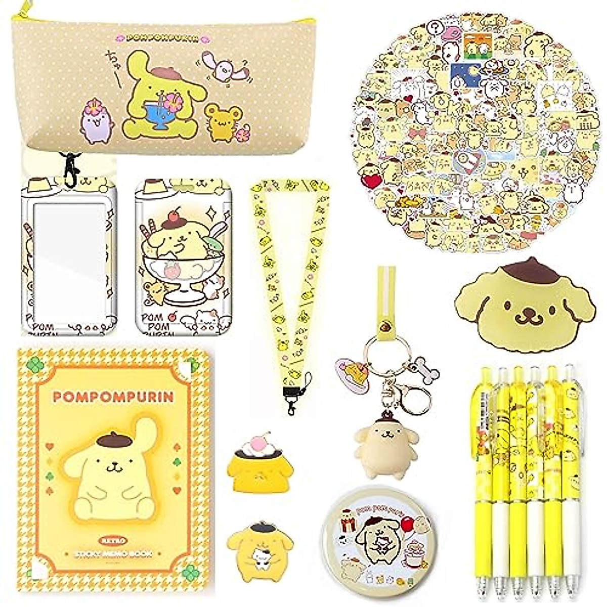 Cute Pompompurin School Supplies Set Kawaii Office Supplies Gift Set Including Gel Ink Roller Pens Stickers Pencil Case ID Badge Stickers Button Pins Key Chain Phone Ring Holder