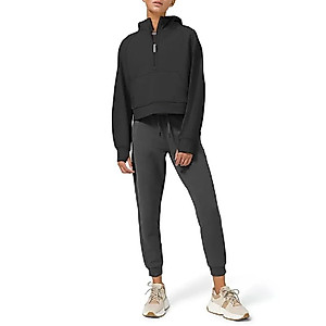 LASLULU Womens Fuzzy Cropped Hoodies Sport Athletic Zip Up Stand Collar Sweater Fleece Lined Sweatshirt Long Sleeve Pullover Tops Pockets(Black Small)