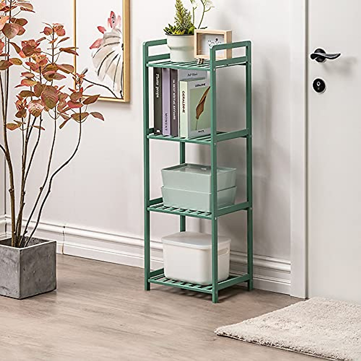 IOTXY Adjustable Multifunctional Shelving Unit - Small 4-Tier Bamboo Freestanding Shelf, Bathroom Towel Storage Shelves, Kitchen Organizer, Living Room Open Bookshelf, Entryway Shoe Rack, Light Green