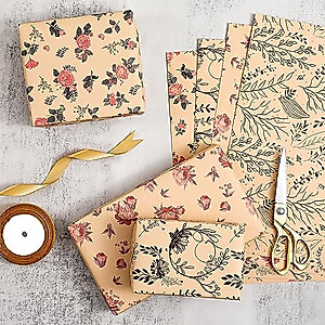 PlandRichW Wrapping Paper of Floral Design Folded Kraft Wrapping Paper 12 Sheets Recycled Gift Wrap for Birthday, Wedding, Holiday, Party, and Baby Shower Precut 20" X 29"