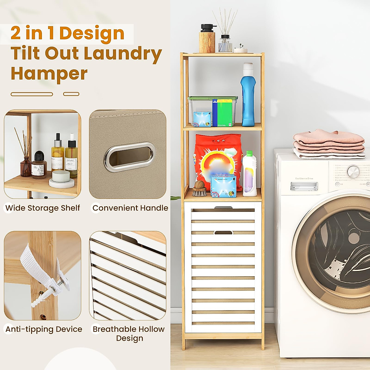 GOFLAME Tilt Out Laundry Hamper with 3-Tier Storage Shelves, 51” Tall Bathroom Storage Shelf with Removable Basket, Bamboo Laundry Basket Organizer for Bathroom, Laundry Room, Bedroom, Natural